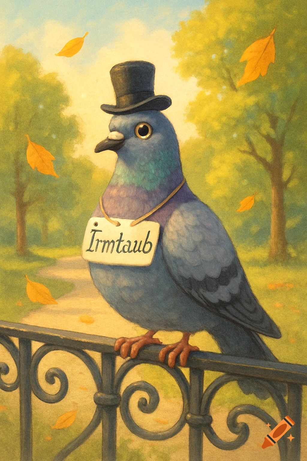 An illustration of a pigeon wearing a black top hat and a name tag ...