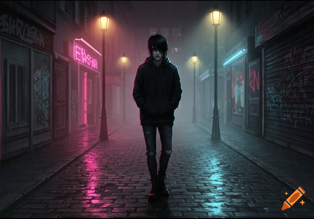 An anime-style emo person stands in a rainy, neon-lit city street at ...