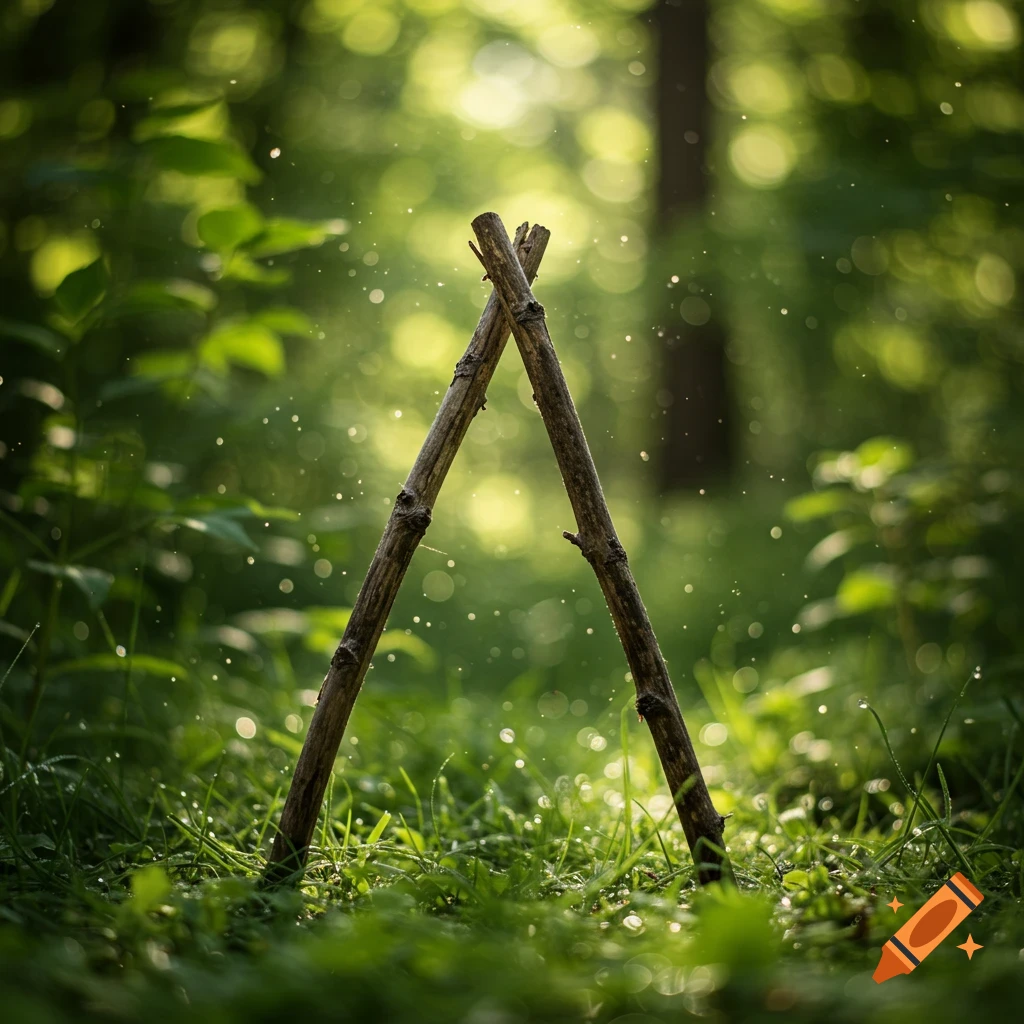 Two wooden sticks lean against each other in dewy grass, bathed in ...