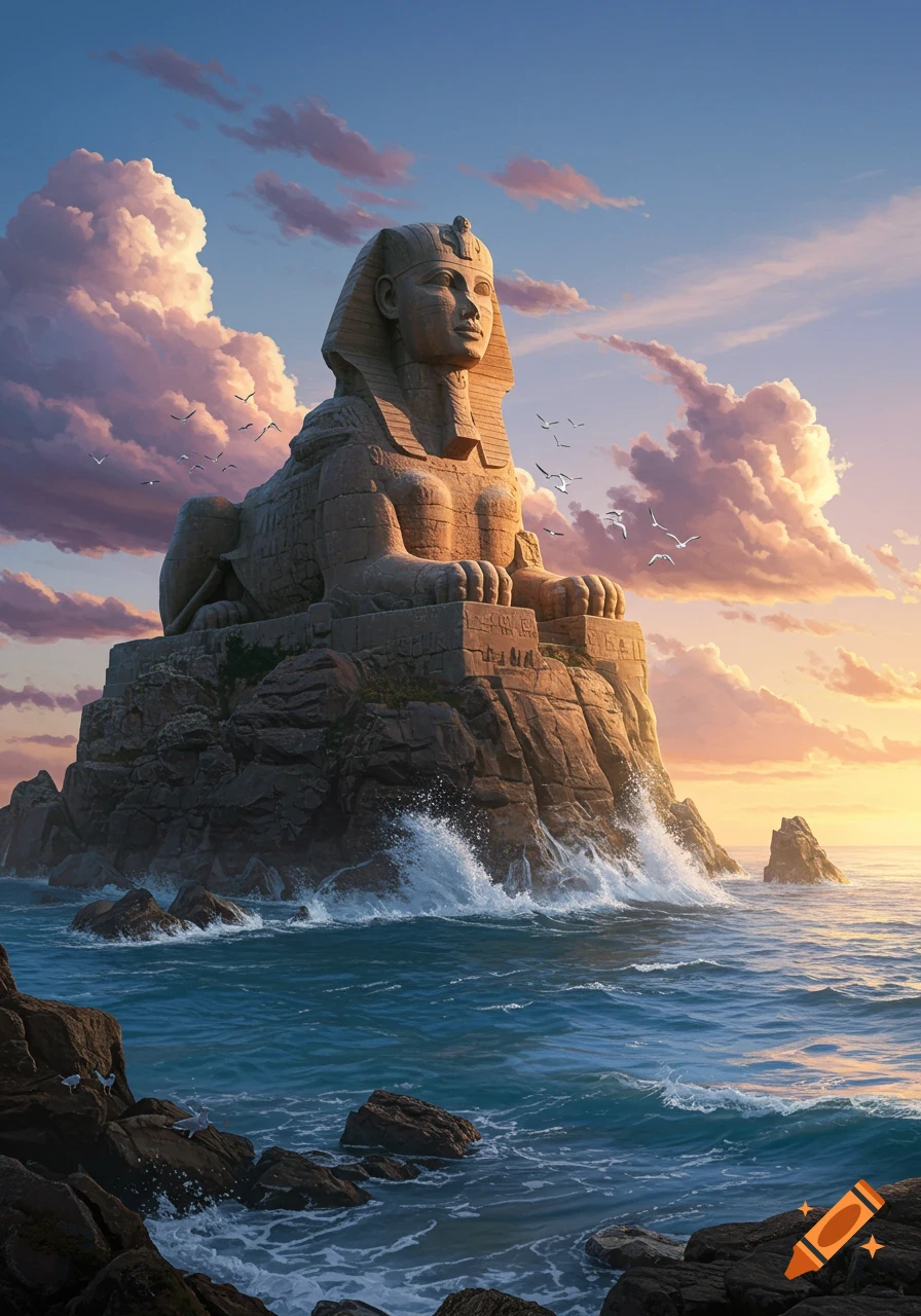 A large Sphinx statue sits on a rocky island in the ocean with waves ...