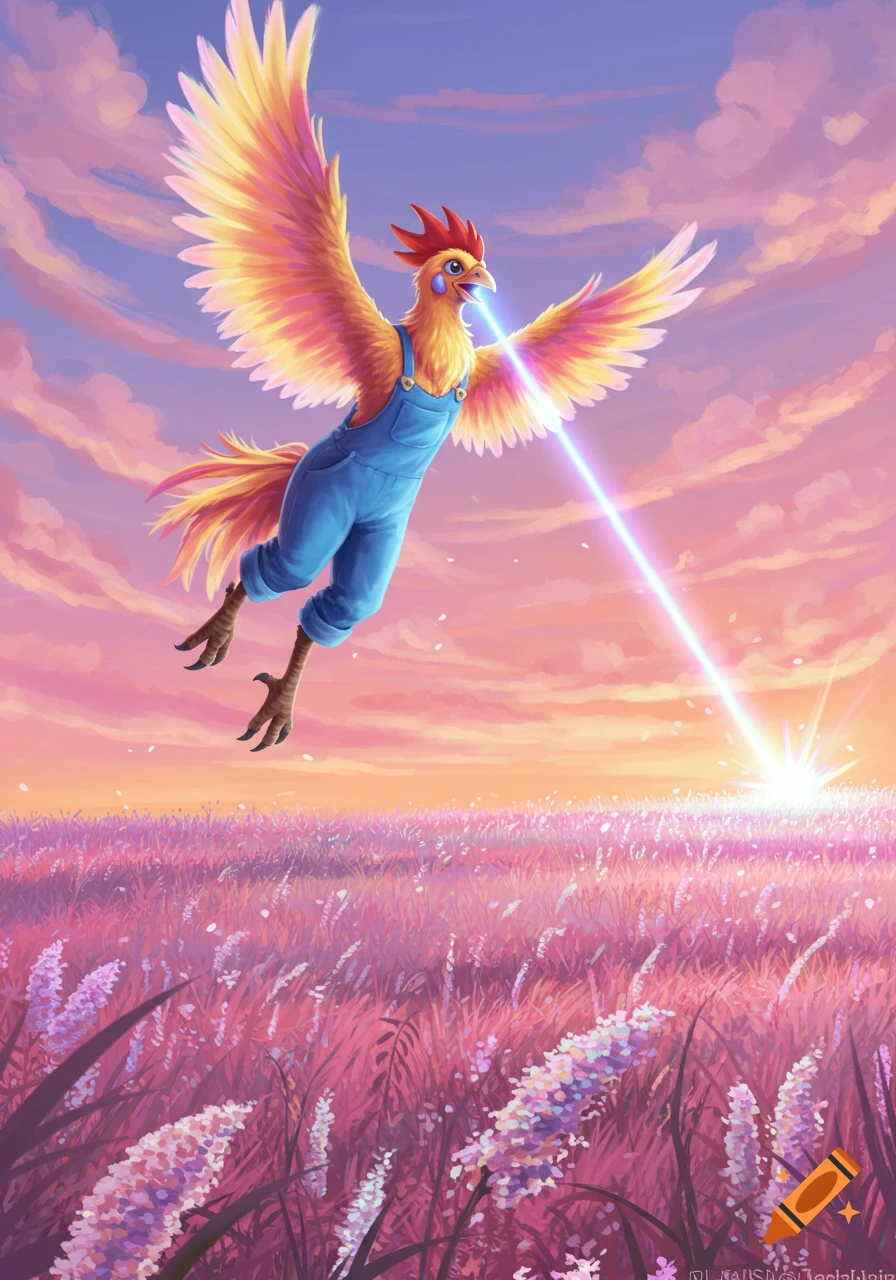 A cartoon chicken in blue overalls flies over a pink field at sunset ...