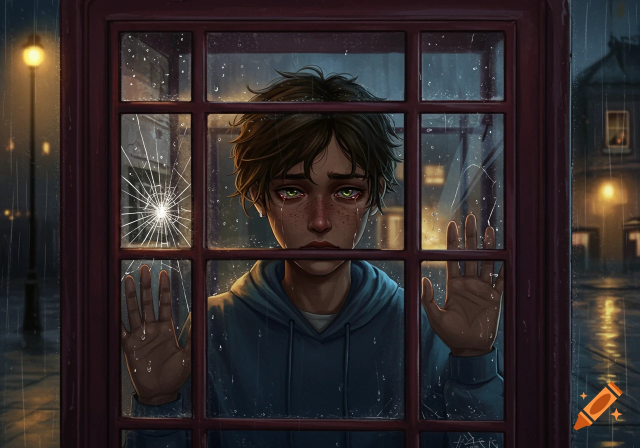 A crying person with freckles and green eyes looks out from inside a ...