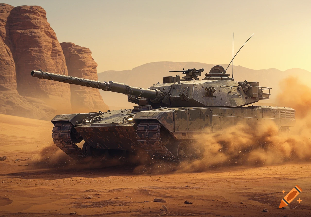 A military tank drives through a sandy desert, kicking up dust against ...