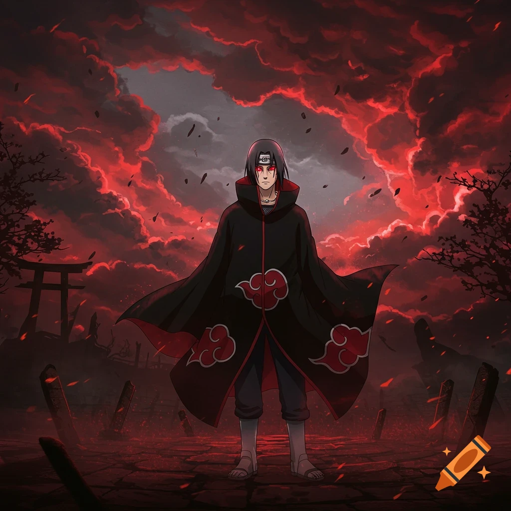 Anime character Itachi in a black cloak with red cloud symbols ...