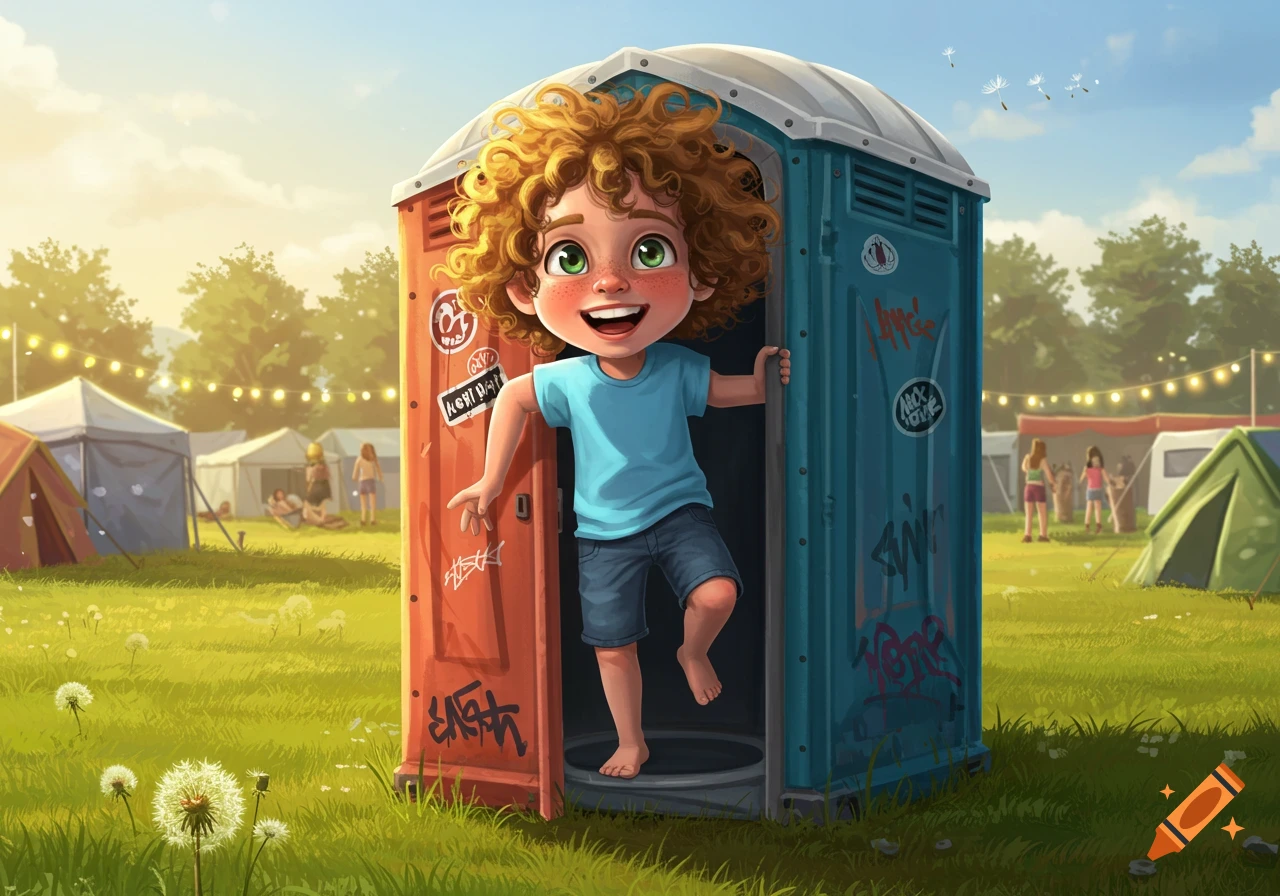 A happy curly-haired boy exits a porta-potty at a vibrant outdoor ...