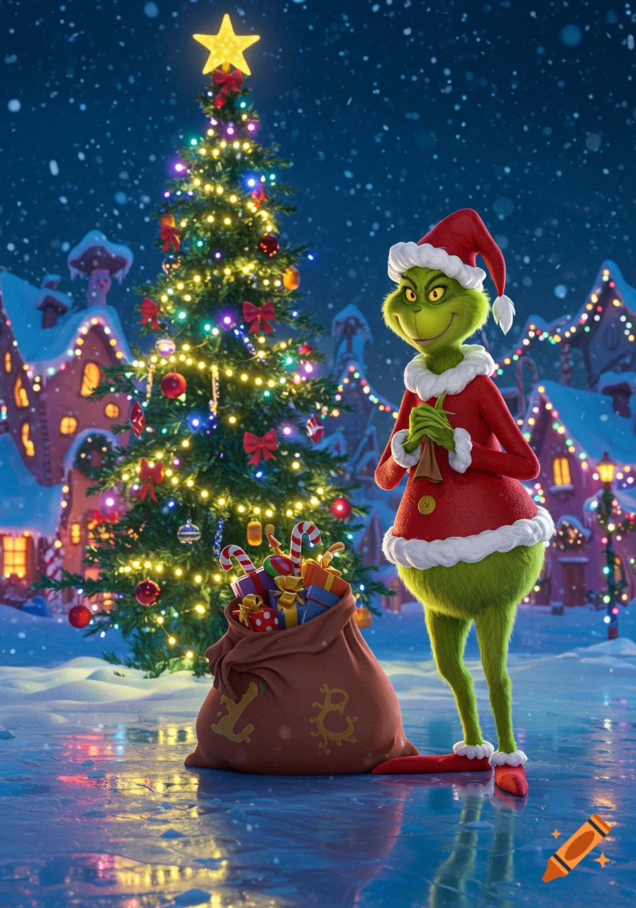 The Grinch in a Santa suit stands next to a decorated Christmas tree ...