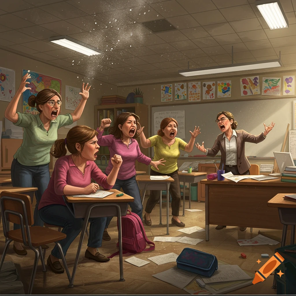 Illustrative scene of a chaotic parent-teacher conference in a ...