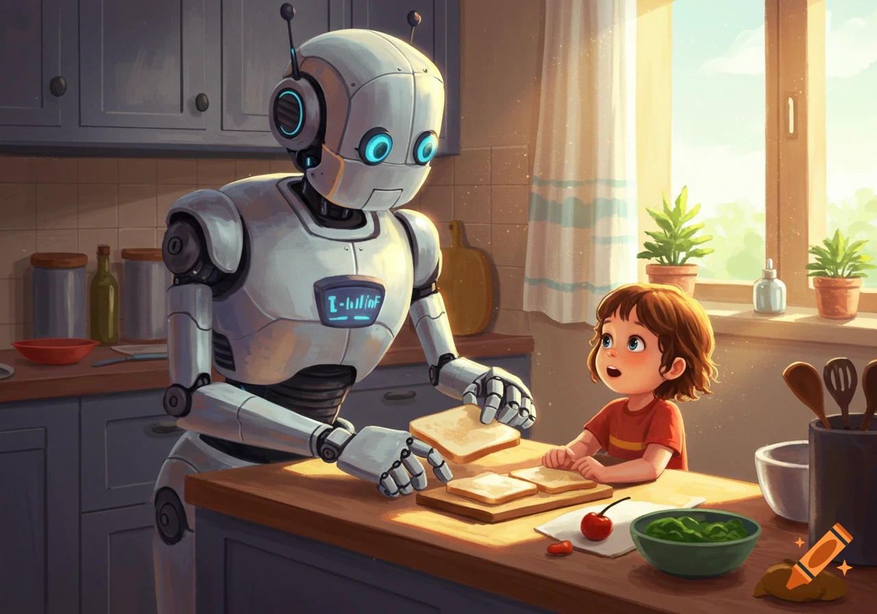 A friendly robot teaches a child to make sandwiches in a bright, sunny ...