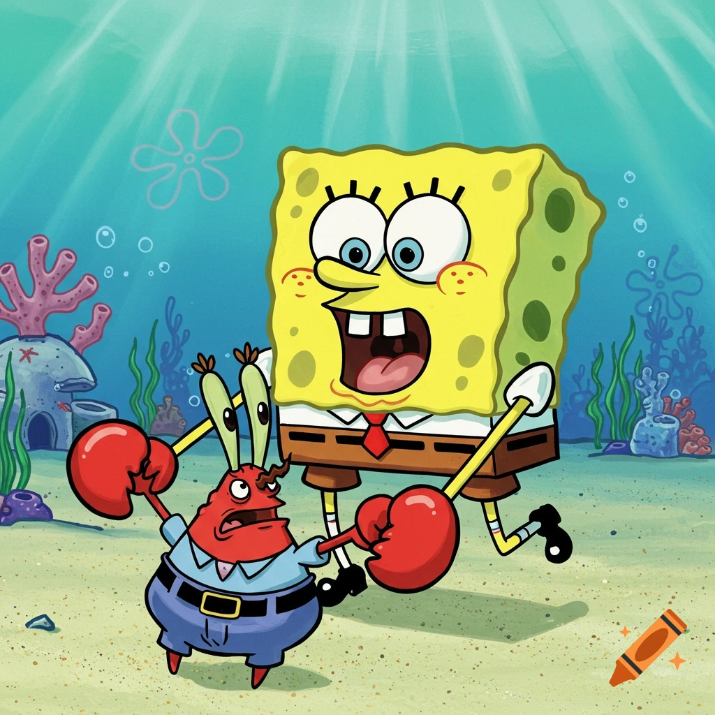 Spongebob Squarepants looks excited with Mr. Krabs looking angry, both ...