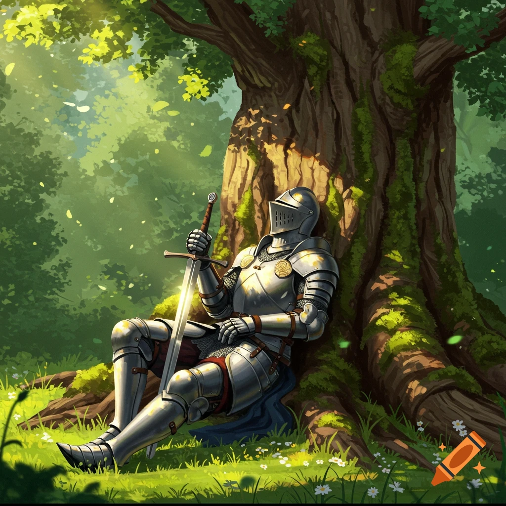 A knight in shining armor rests under a large, mossy tree in a sunlit ...