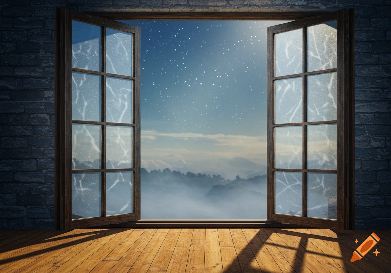 An open window in a dark room with a wooden floor and brick wall ...