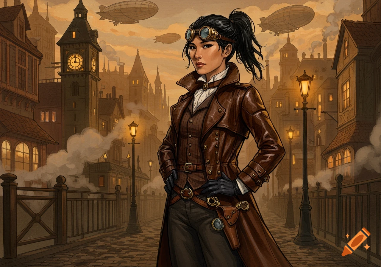 A female Asian steampunk detective with a ponytail stands in a gaslit ...