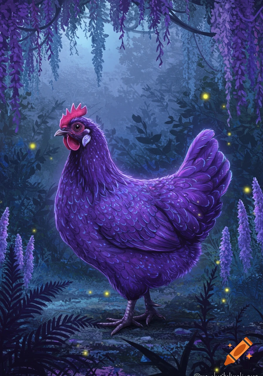 A vibrant purple chicken with red comb stands in a magical, dark purple ...