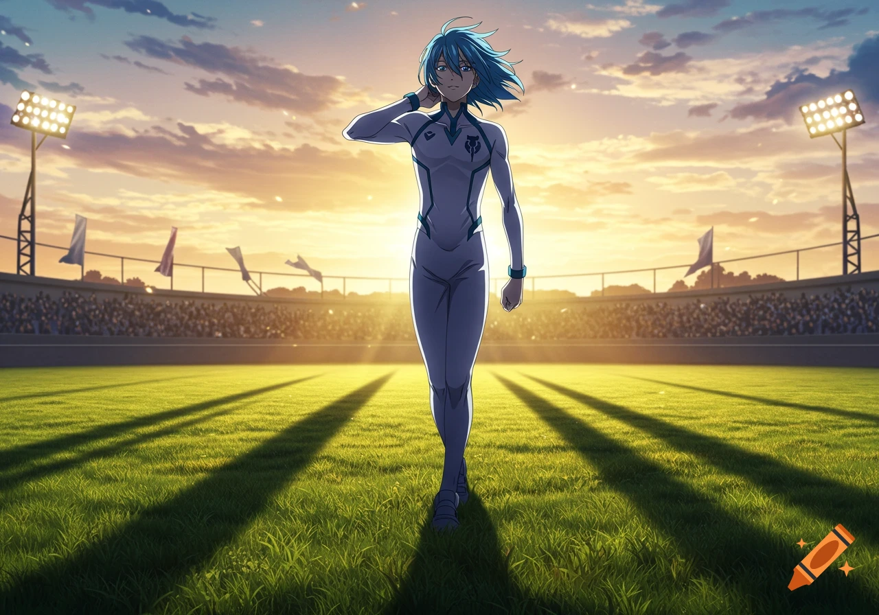 An anime character with blue hair and a white suit walks across a ...