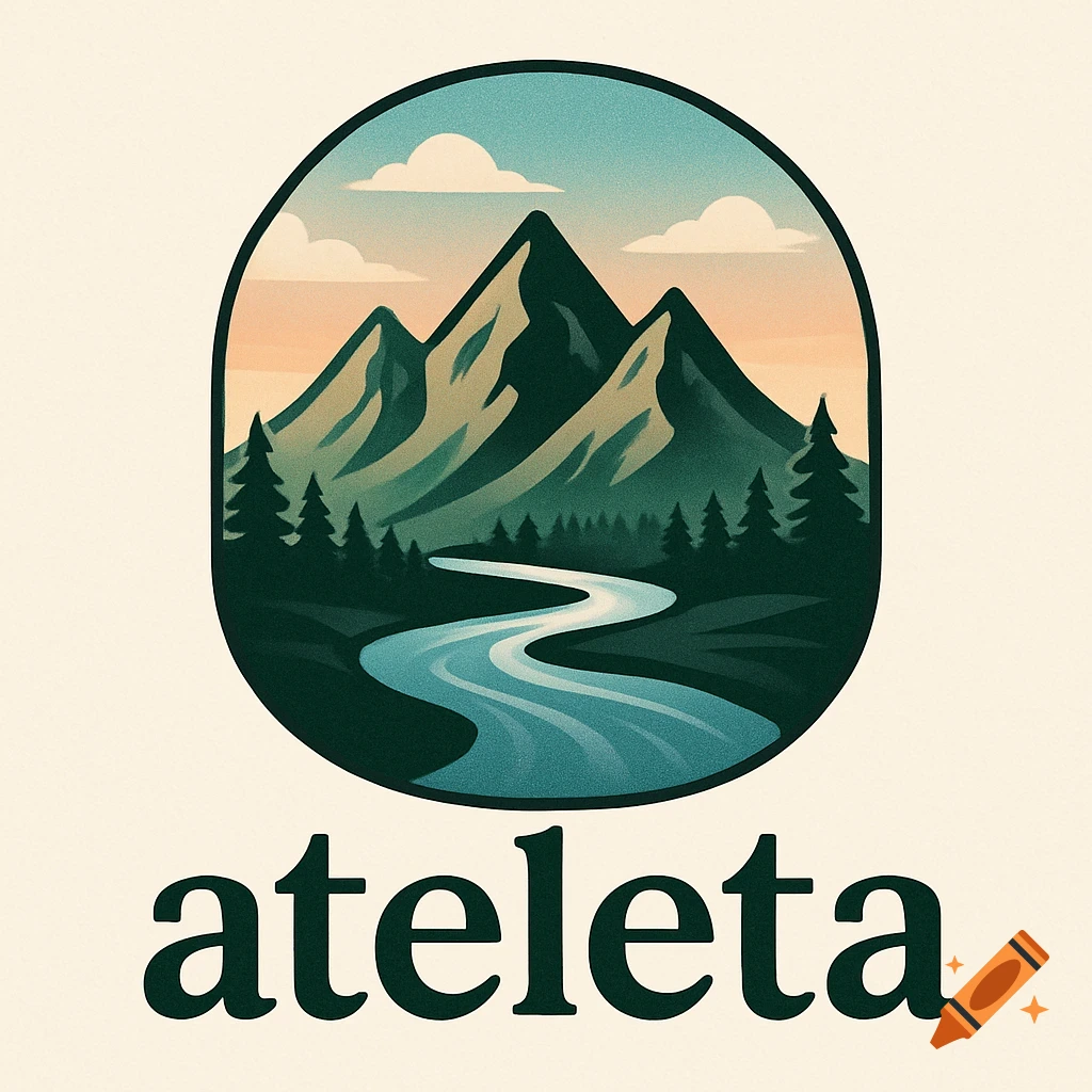 A logo featuring stylized mountains, pine trees, and a river within a ...