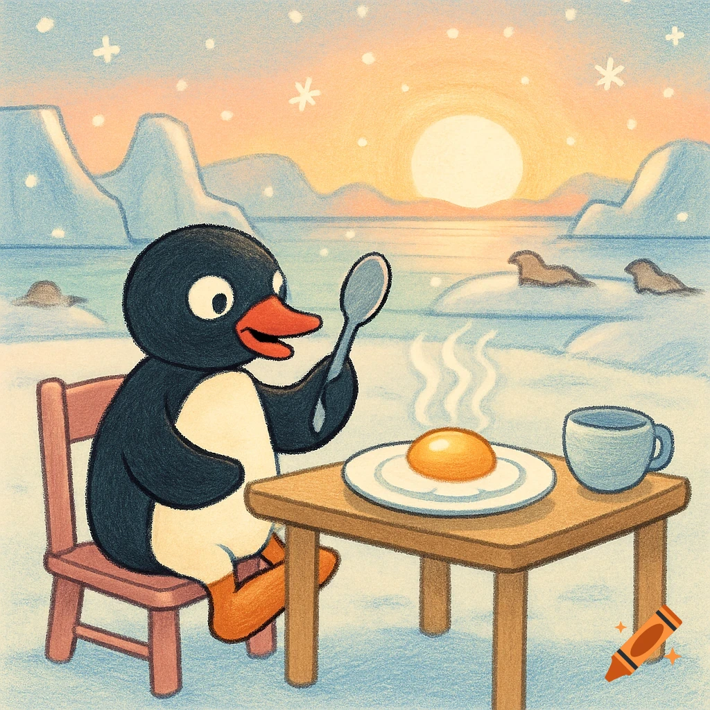 Pingu the penguin eats a steaming fried egg at a table in a snowy ...