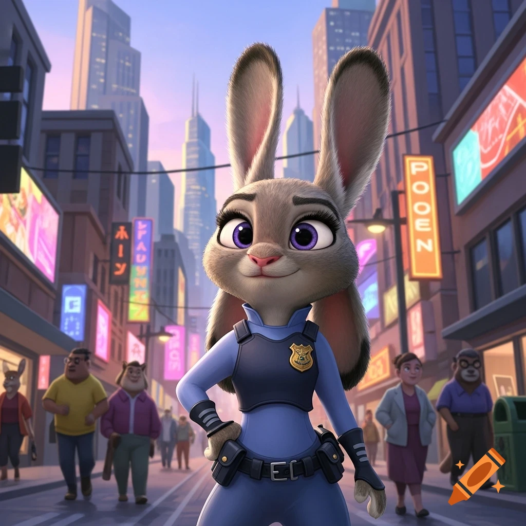 Judy Hopps, a rabbit police officer from Zootopia, stands confidently ...