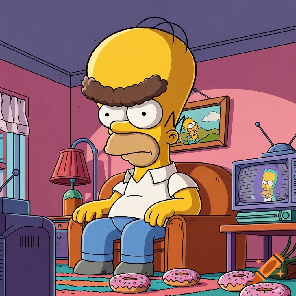 Homer Simpson with a comically large forehead and a mustache sits in a ...