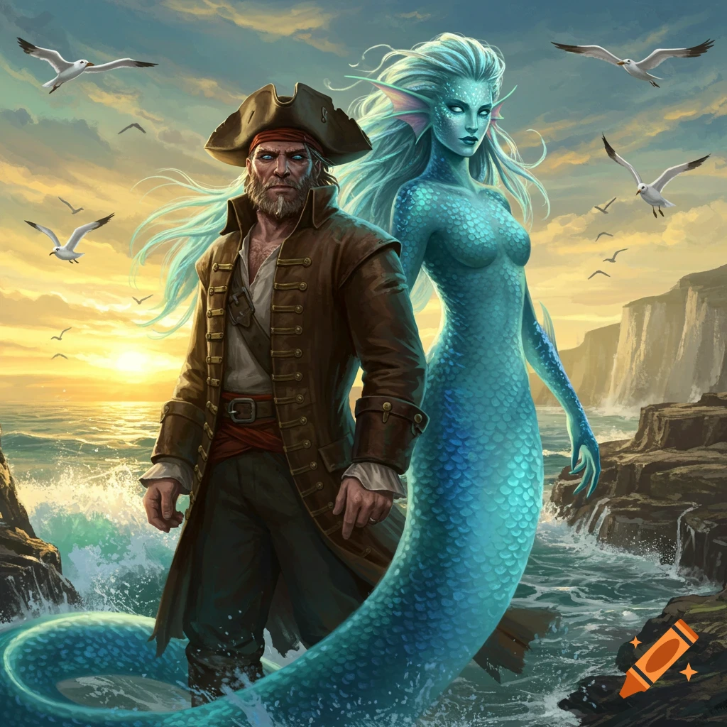 A grizzled pirate and a serene blue-scaled mermaid stand on a rocky ...
