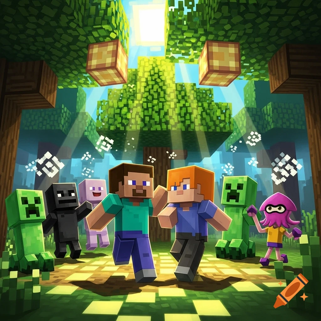 Minecraft characters Steve and Alex dancing with Creepers, an Enderman ...