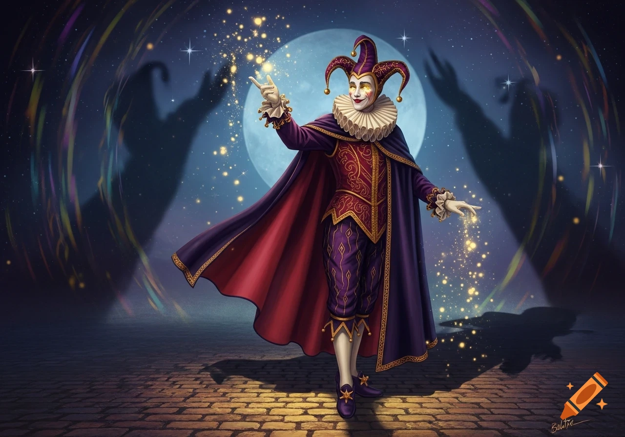 A whimsical jester in a purple and red costume stands on a cobbled path ...