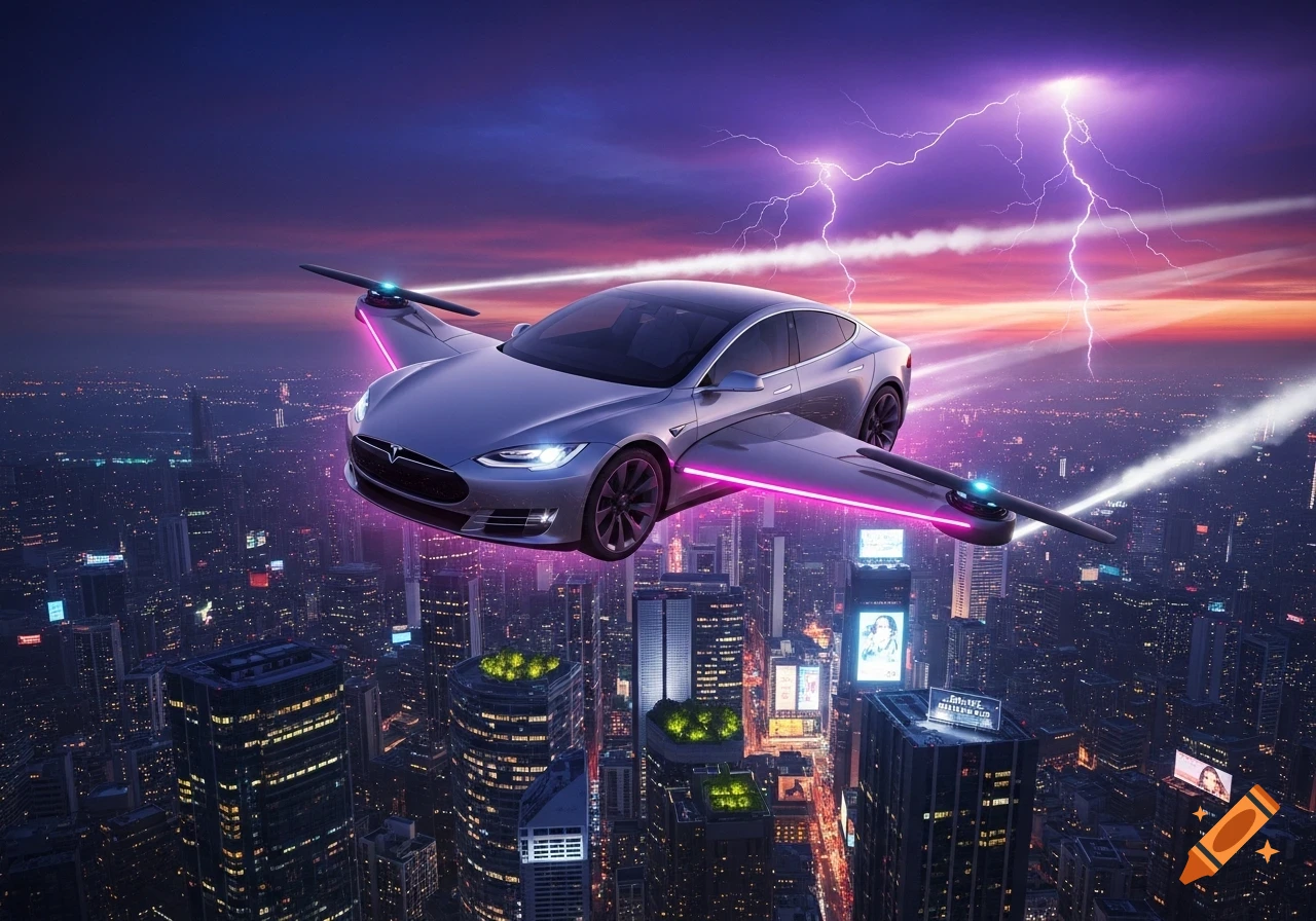 A silver Tesla-like flying car with neon pink lights soars over a ...