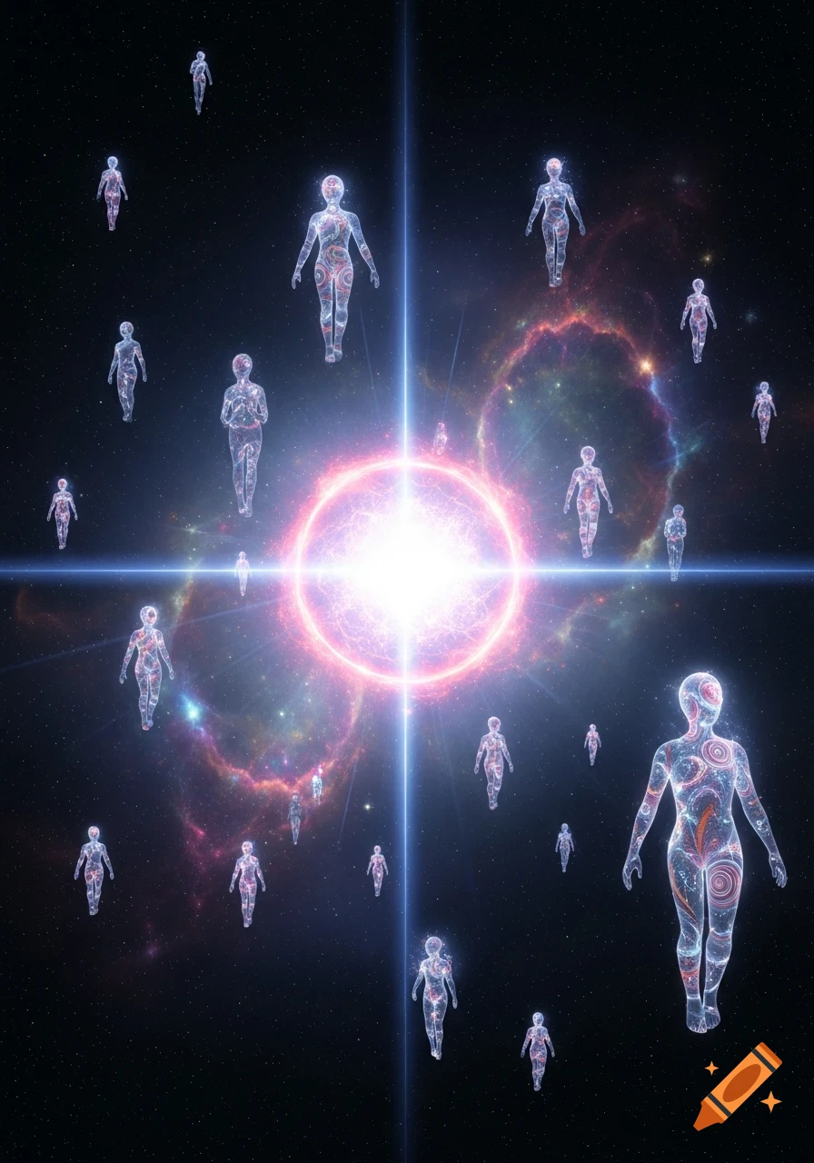 Glowing, translucent human-like figures with intricate patterns float ...
