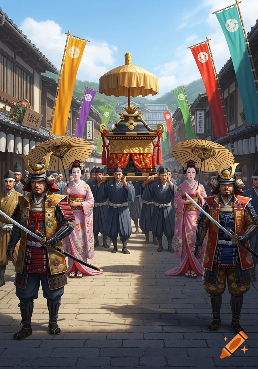 A vibrant traditional Japanese daimyo procession with samurai, geisha ...