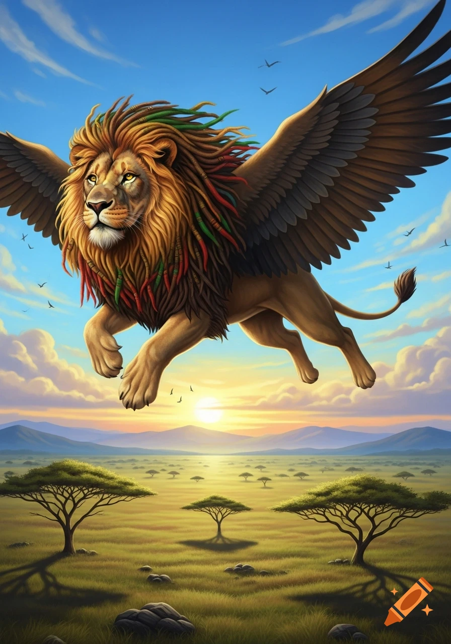 A magnificent winged lion with a rasta-colored dreadlocked mane flies ...