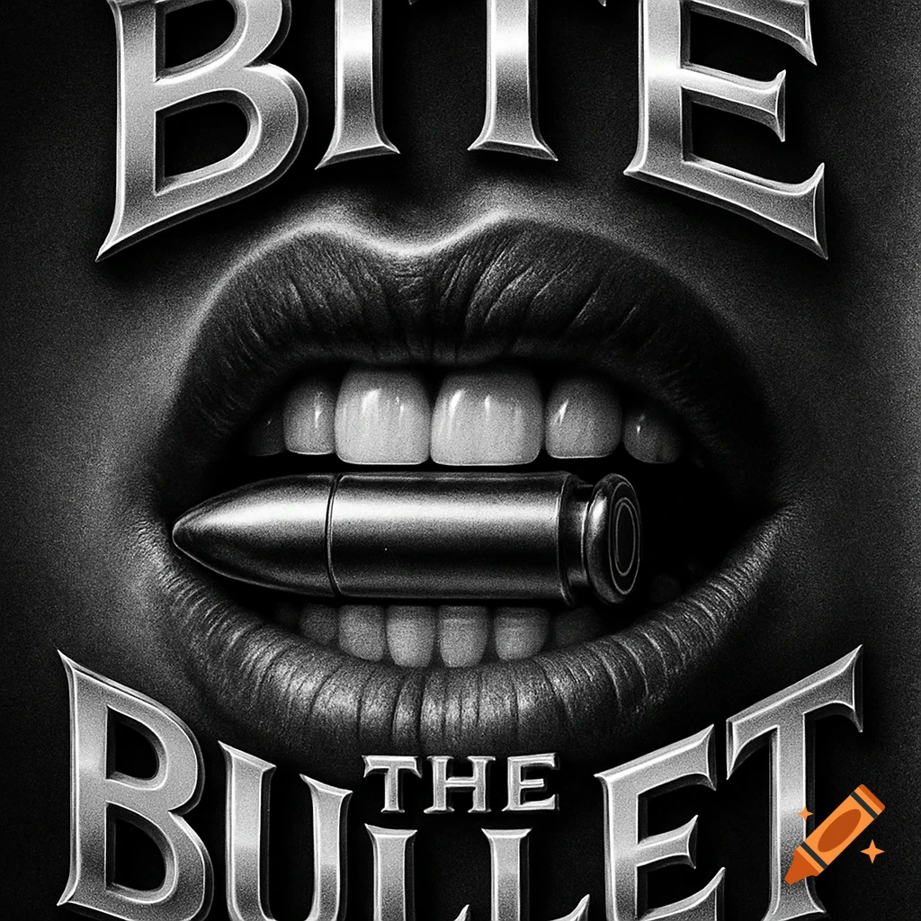 Monochrome illustration of a mouth biting a bullet with 'BITE THE ...