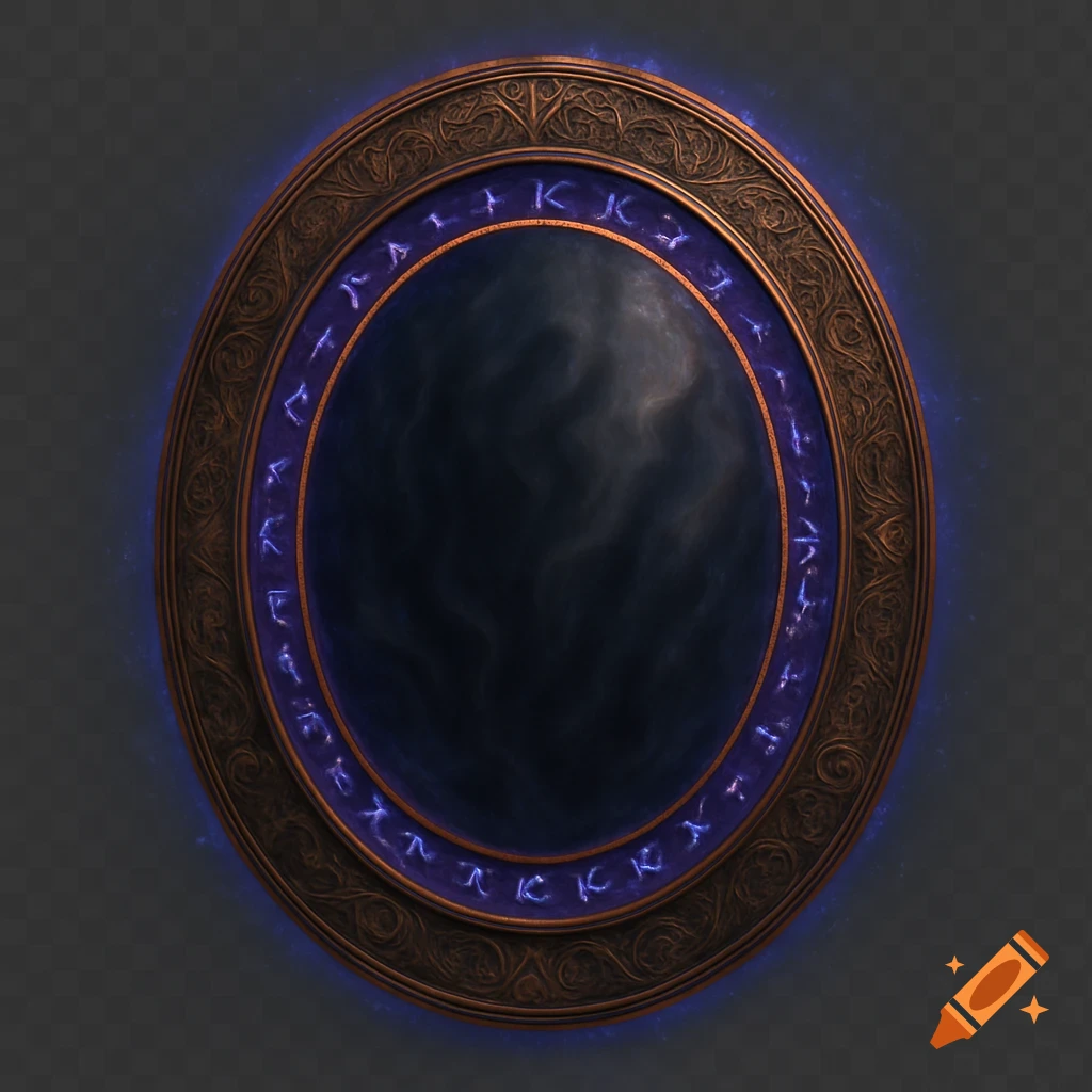 A high-detailed elliptical ancient copper mirror with an ornate frame ...