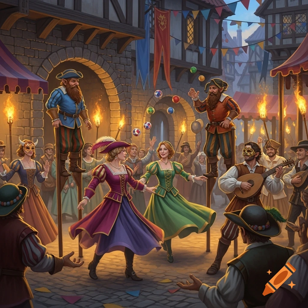 A vibrant fantasy illustration of a medieval carnival at dusk, with ...