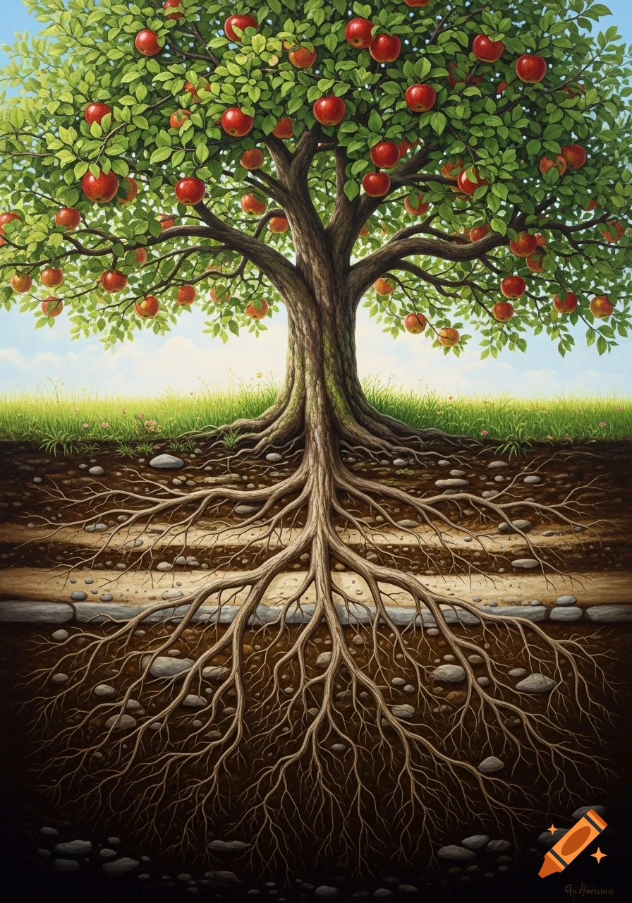 A realistic apple tree with red fruits, its leafy canopy, trunk, and ...