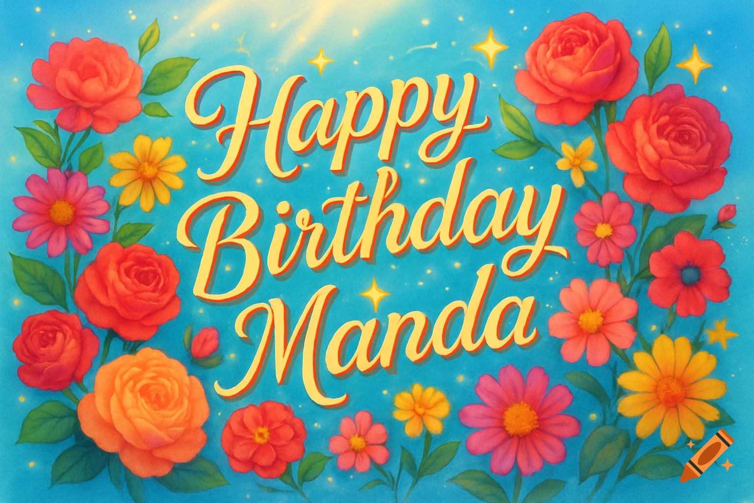 Happy Birthday Manda in yellow script on a blue background, surrounded ...
