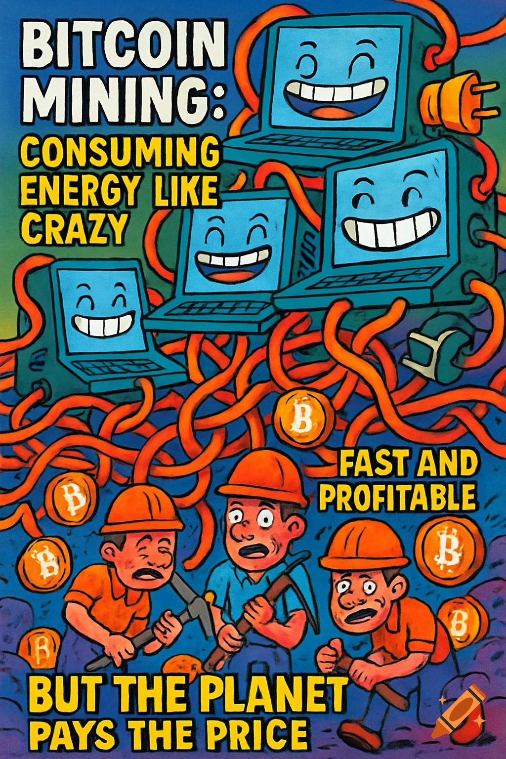 Vibrant cartoon of Bitcoin mining: smiling computers consume energy ...