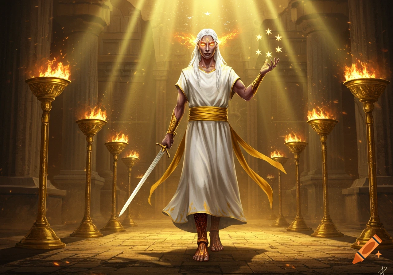 A majestic figure with white hair and glowing eyes, wearing a white ...