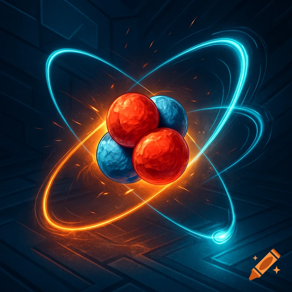 An abstract atom with red and blue spheres at its core, surrounded by ...
