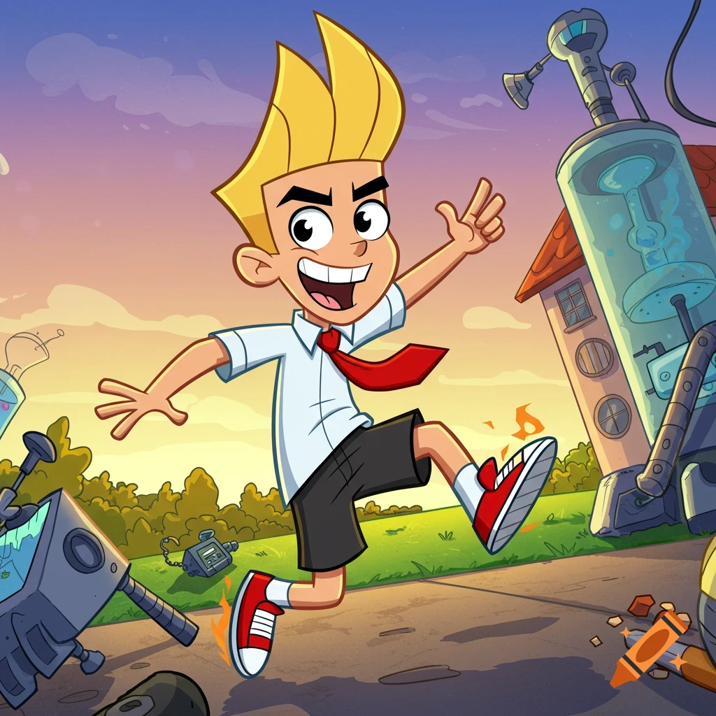 Cartoon boy Johnny Test with spiky blonde hair jumps excitedly ...