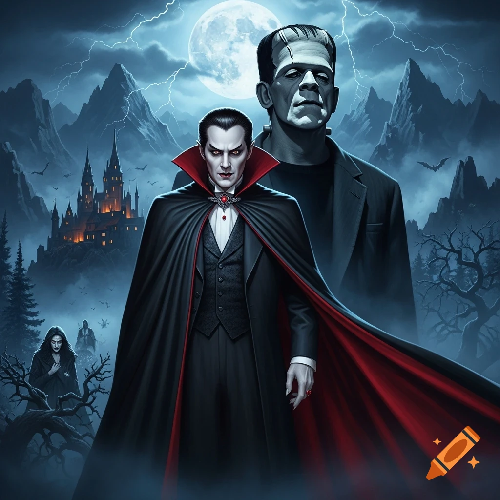 Dracula and Frankenstein's monster stand under a full moon with a ...
