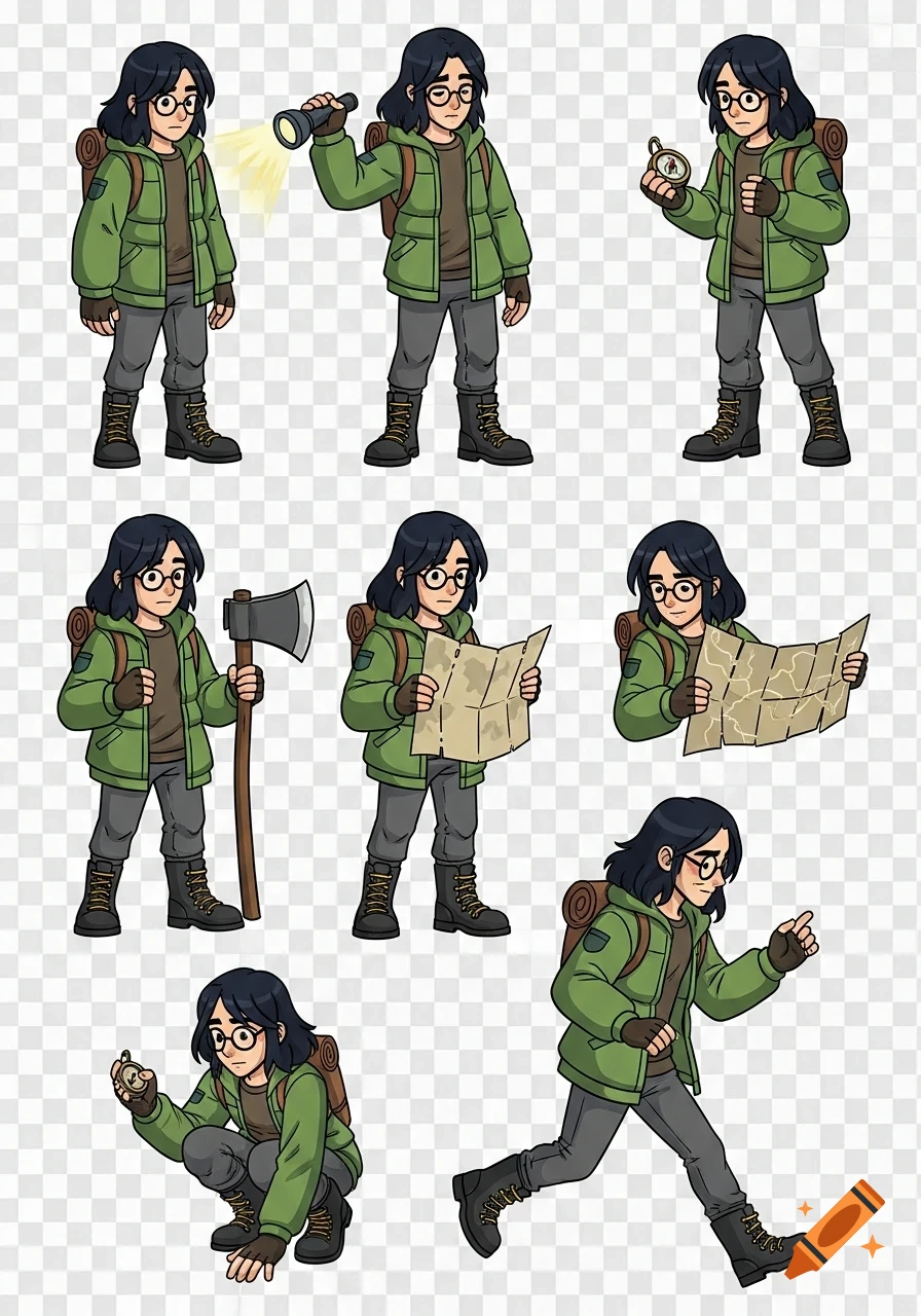 A cartoon sprite sheet of an explorer with black hair and glasses in a ...