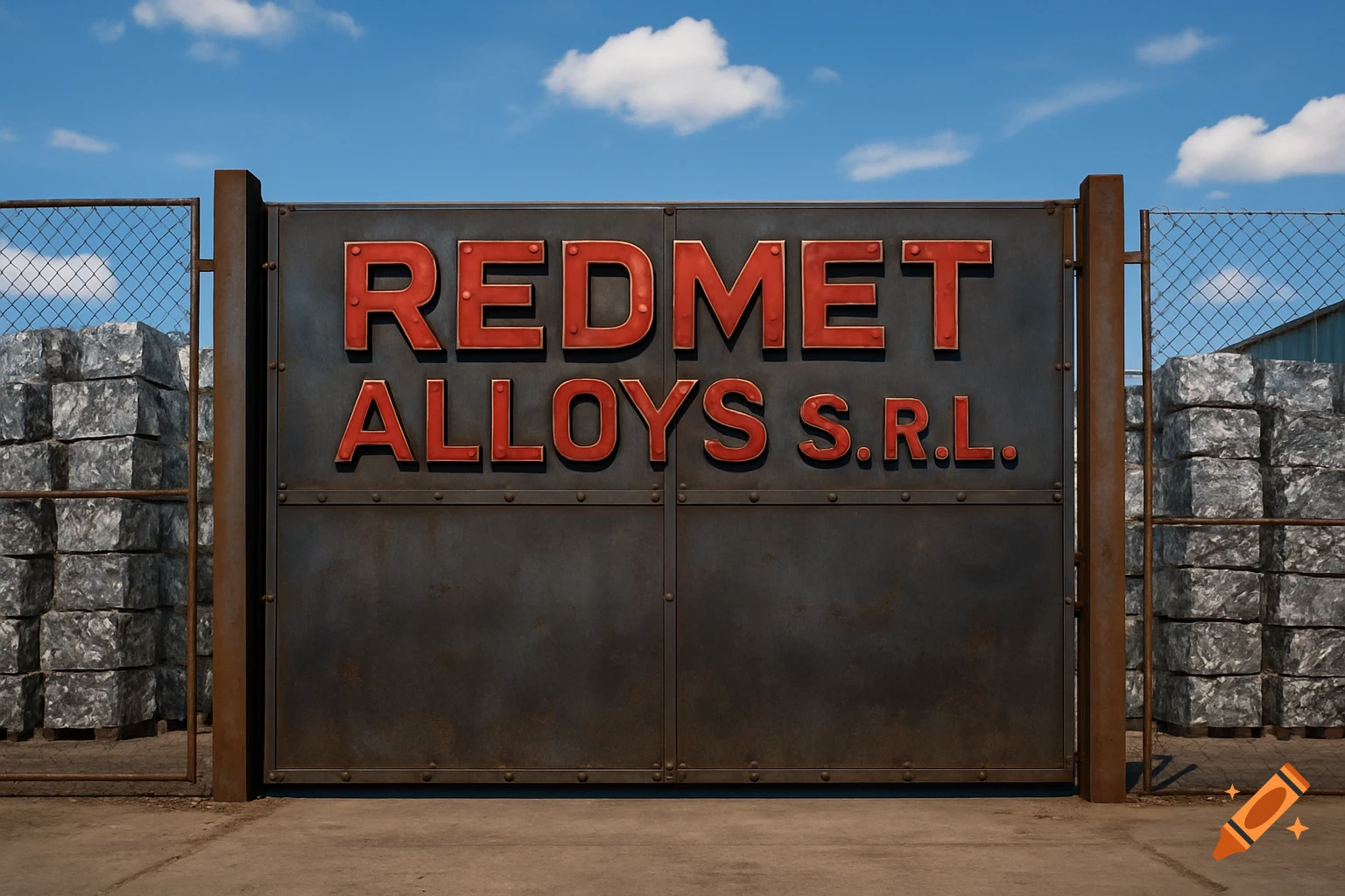 A photorealistic image of an industrial metal gate with "REDMET ALLOYS ...