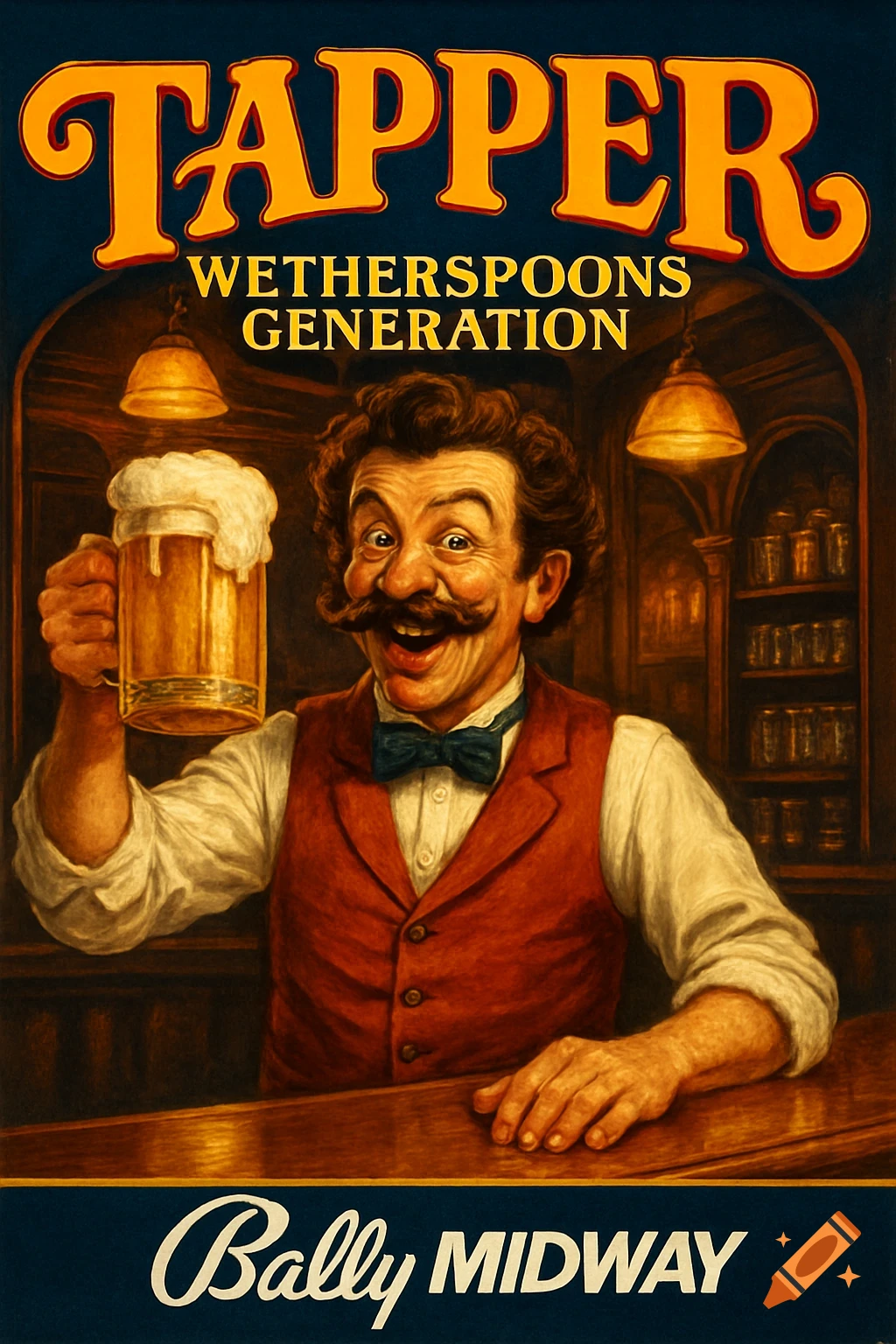 Vintage illustration of a smiling bartender with a mustache and red ...