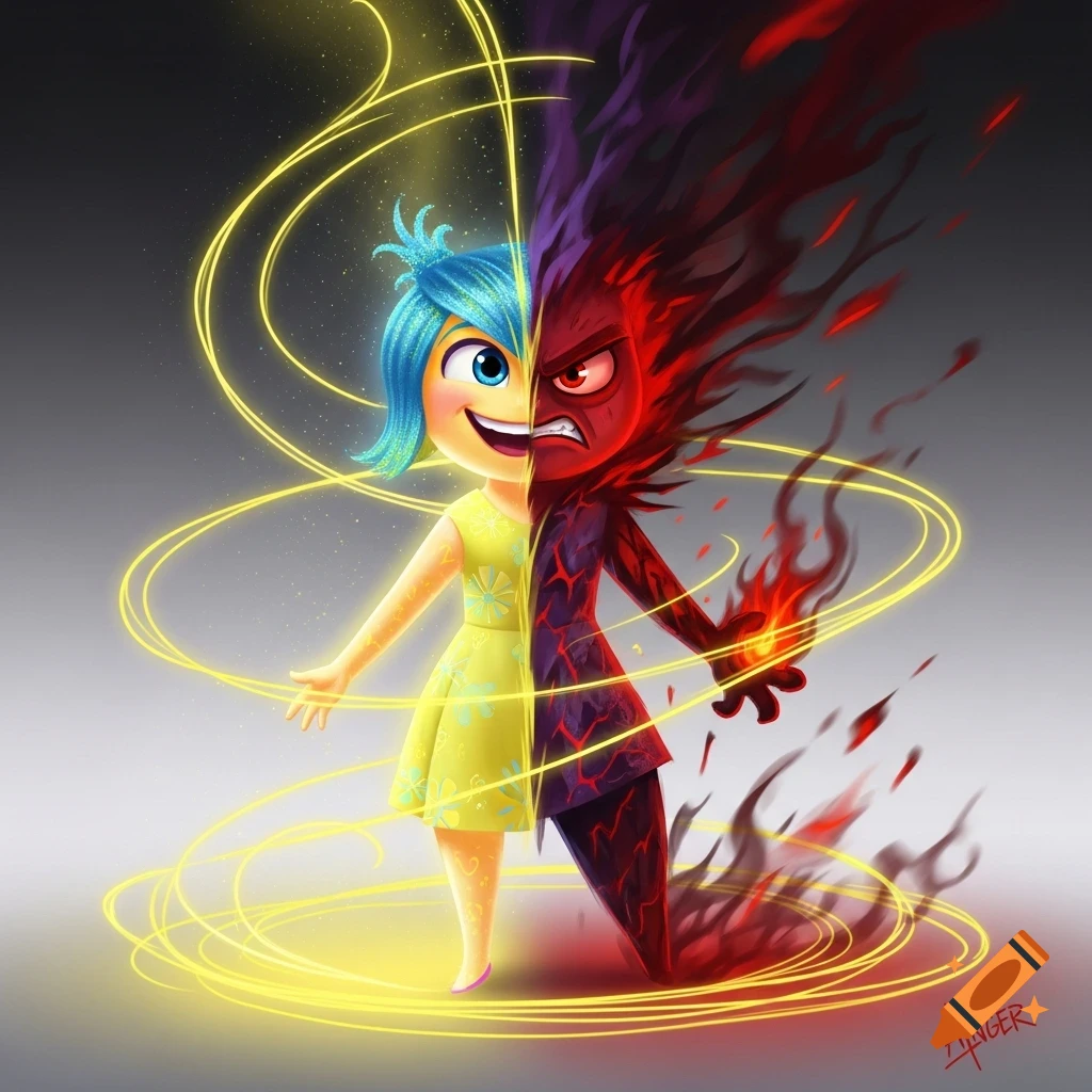 Illustration of Joy and Anger from Inside Out combined, split down the ...