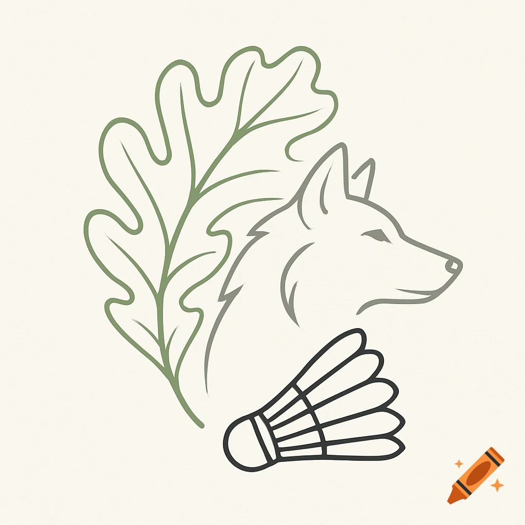 Minimalist logo featuring a green oak leaf, a gray wolf head in profile ...