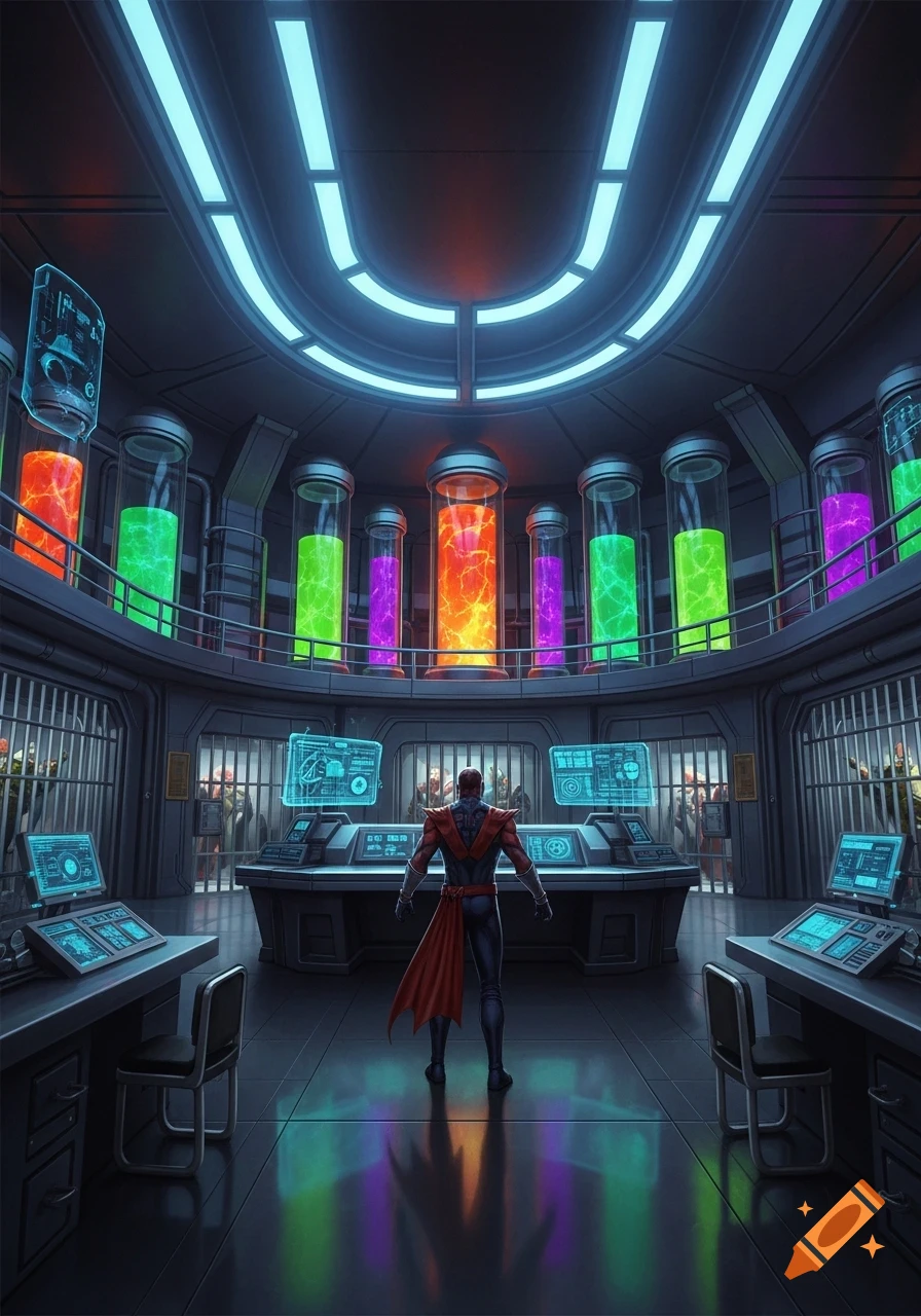 A figure in a red and black suit stands in a futuristic supervillain ...