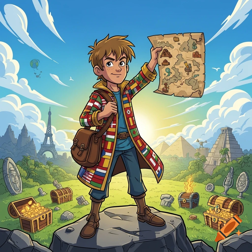 A cartoon boy in a flag-patterned coat holds a treasure map, standing ...