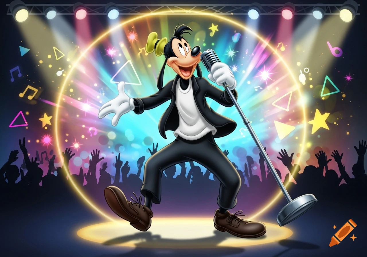 Max Goof sings into a microphone on a vibrant stage with spotlights and ...