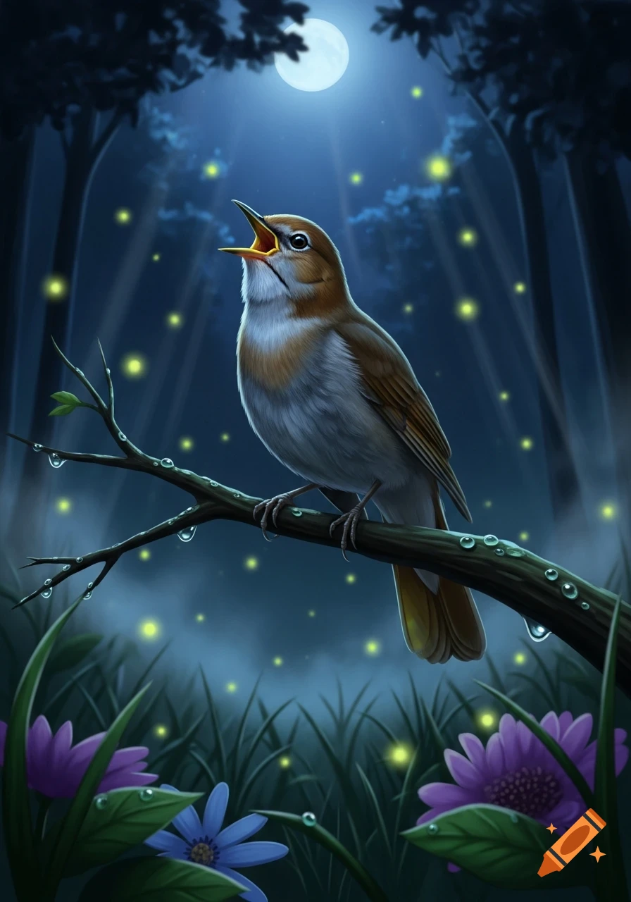 A brown nightingale sings on a dewy branch in a mystical forest at ...