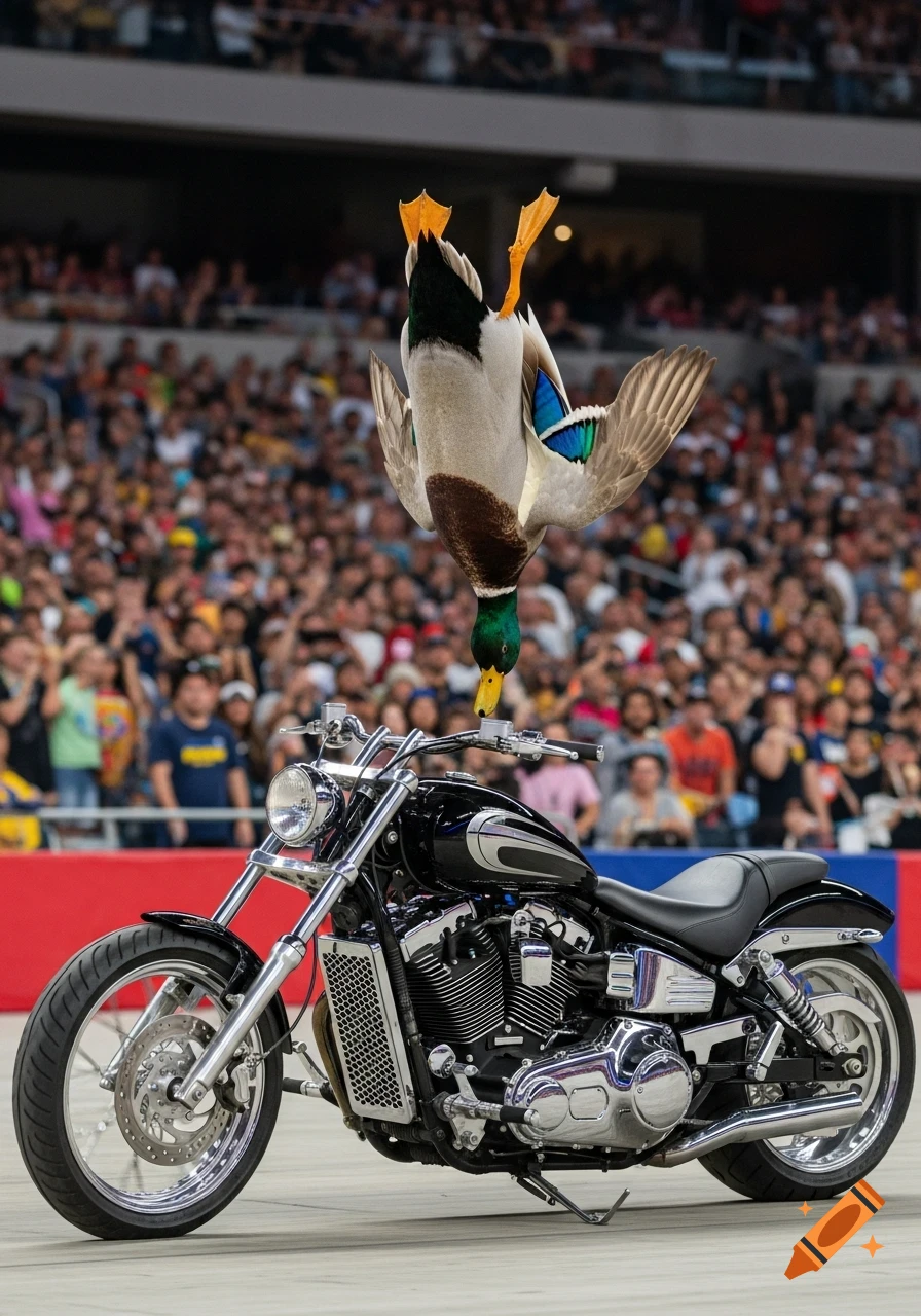 A mallard duck does a backflip over a black motorcycle in a crowded ...