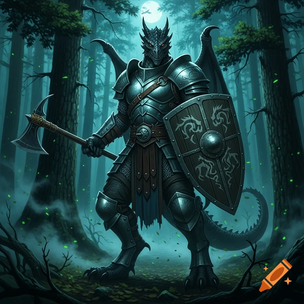 A black Dragonborn in chainmail armor holds a war pick and shield in a ...
